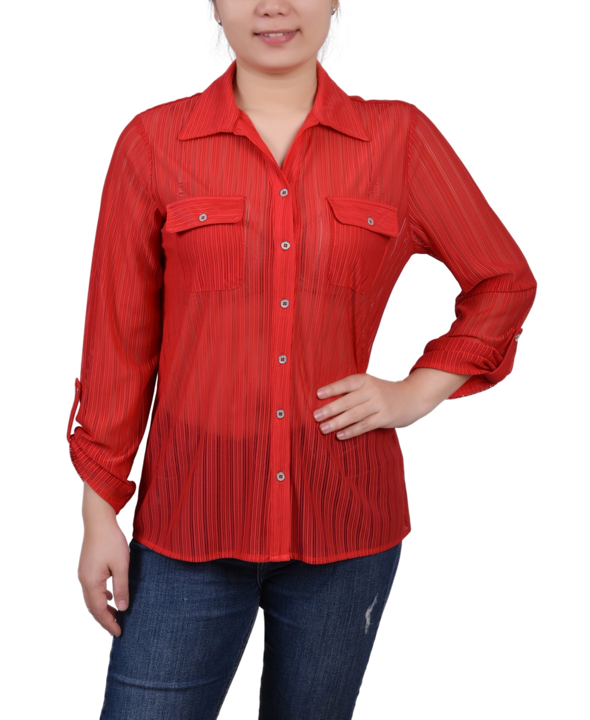 Click here for Ny Collection Petite Long Roll Tab Sleeve Burnout... prices
