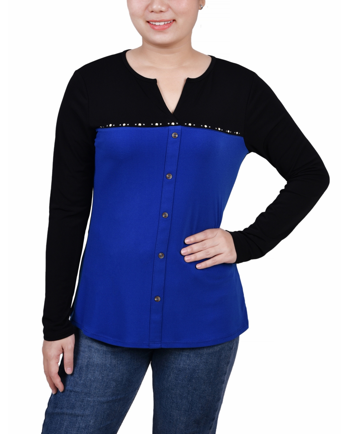Click here for Ny Collection Petite Long Sleeve Studded Colorbloc... prices