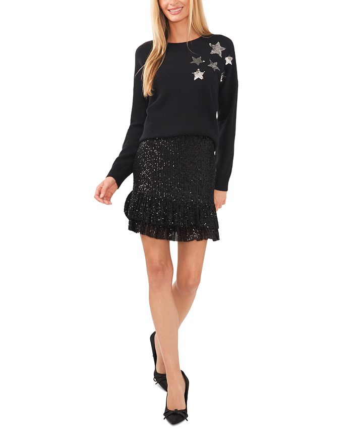 CeCe Women's Crewneck Long Sleeve Star Sequin Sweater - Macy's