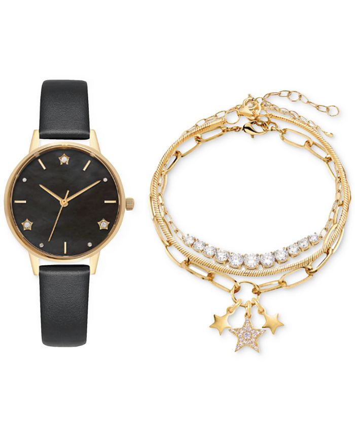 Jessica Carlyle Women's Black Faux-Leather Strap Watch 34mm Gift Set ...