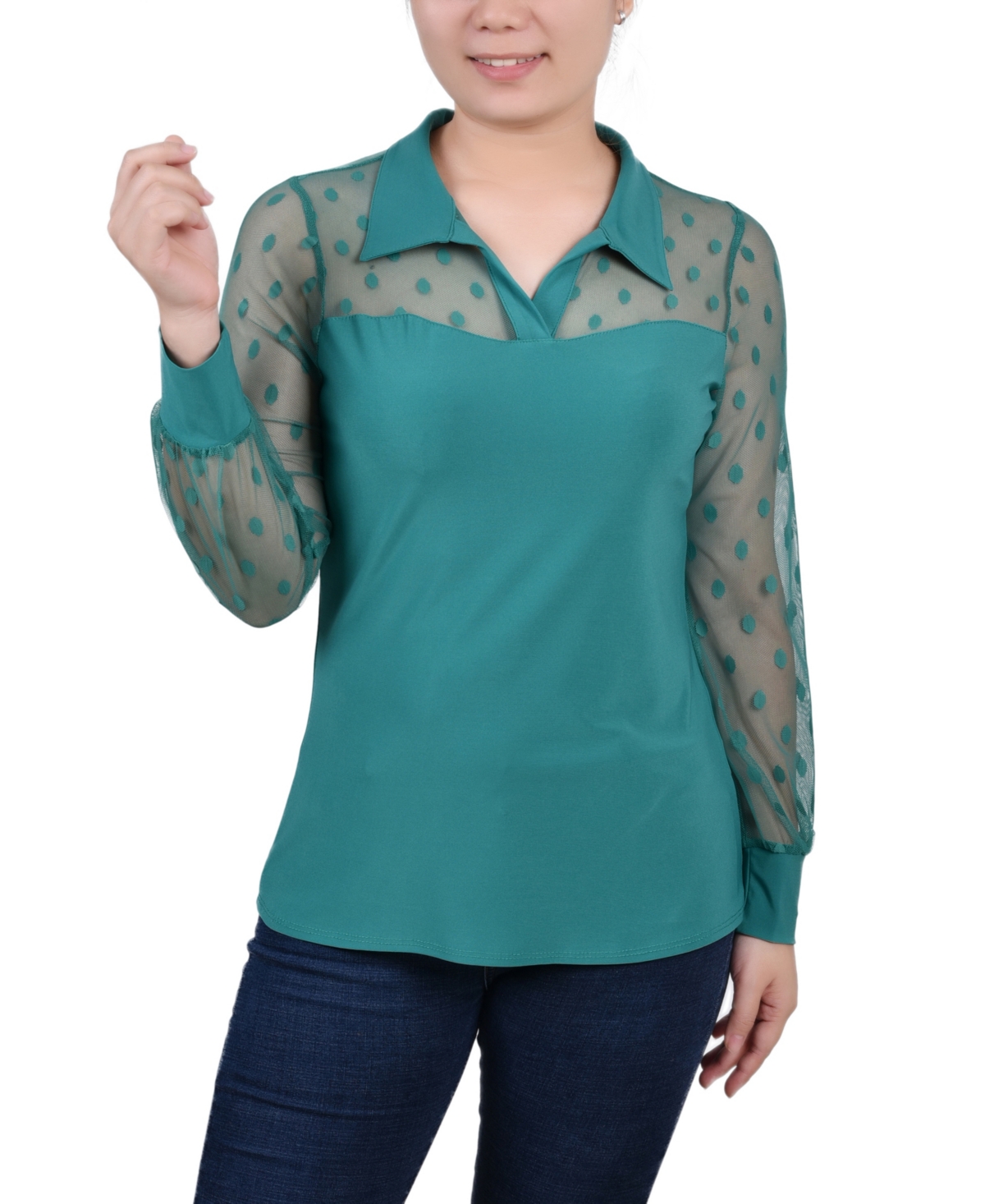 Click here for Ny Collection Womens Mesh Sleeve Top - Pepper Gree... prices