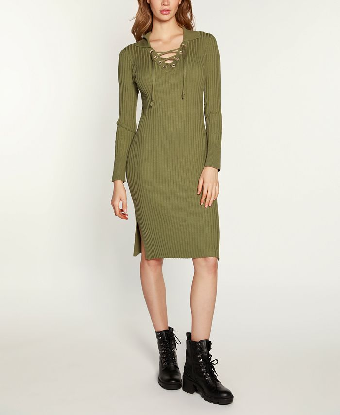 Belldini Women's Black Label Ribbed with Lace-Up Neckline Dress - Macy's