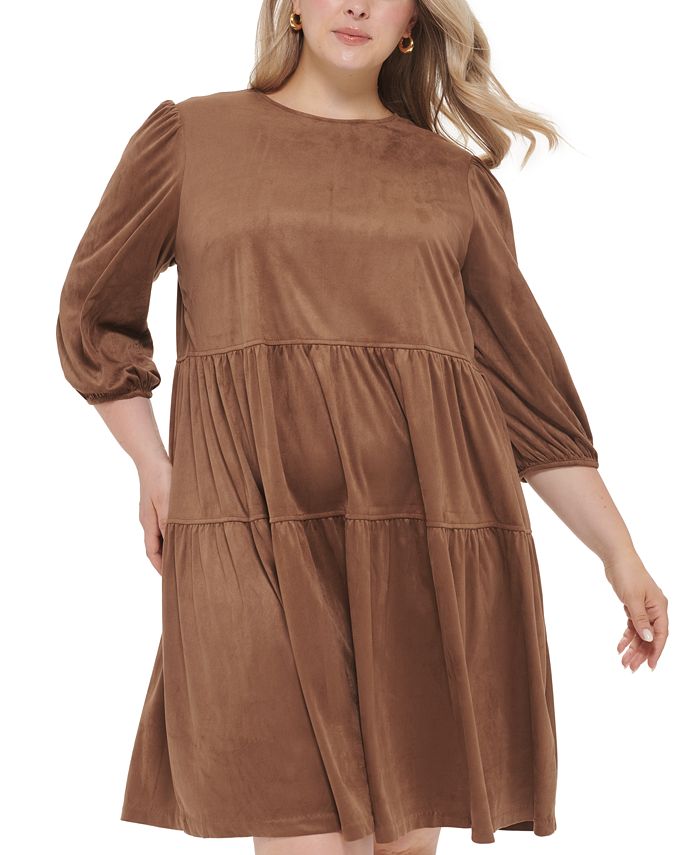 Tommy Hilfiger Plus Size Crewneck Long-Sleeve Tiered Shift Dress ...