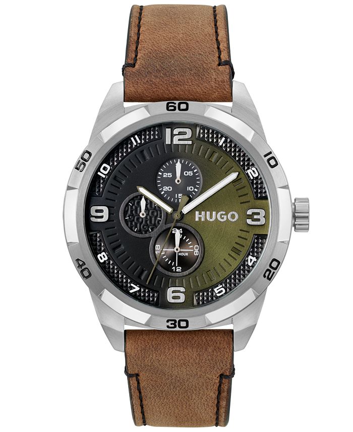 Hugo Boss Men's Grip Brown Genuine Leather Strap Watch, 46mm - Macy's