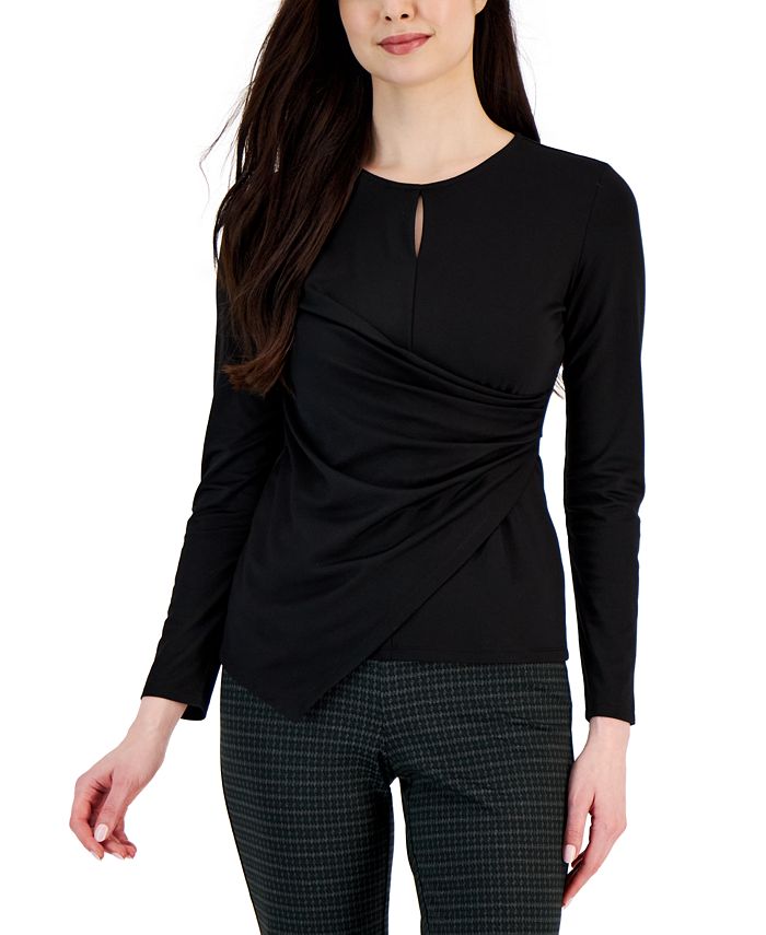Anne Klein Women's Harmony-Knit Asymmetric Faux-Wrap Keyhole Top - Macy's