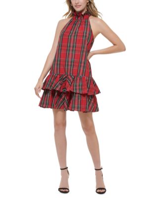 Tommy Hilfiger Petite Plaid-Print Halter Ruffled Dress - Macy's