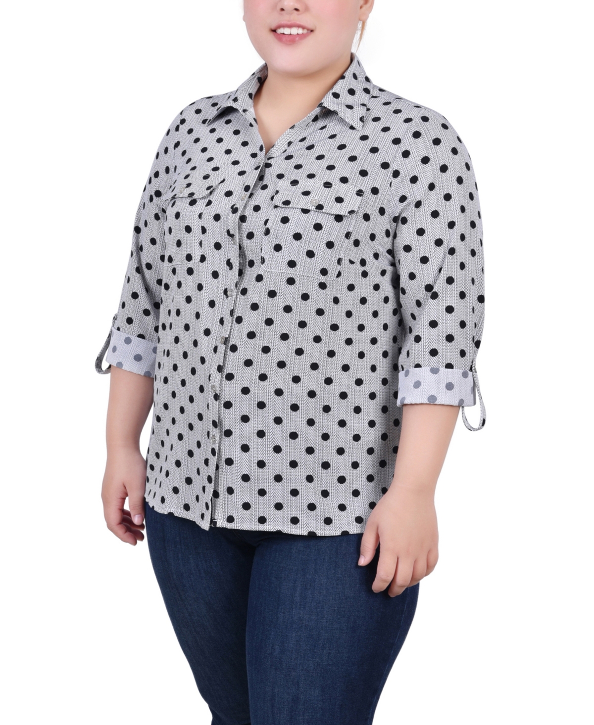 Click here for Ny Collection Plus Size 3/4 Sleeve Roll Tab Notch... prices