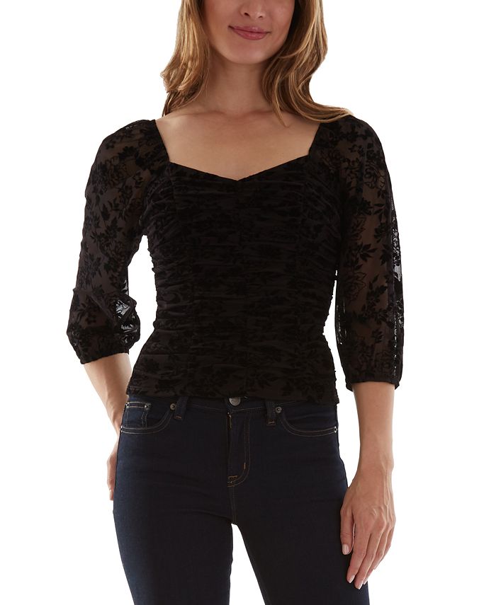 BCX Juniors' Flocked Ruched Sweetheart-Neck Top - Macy's