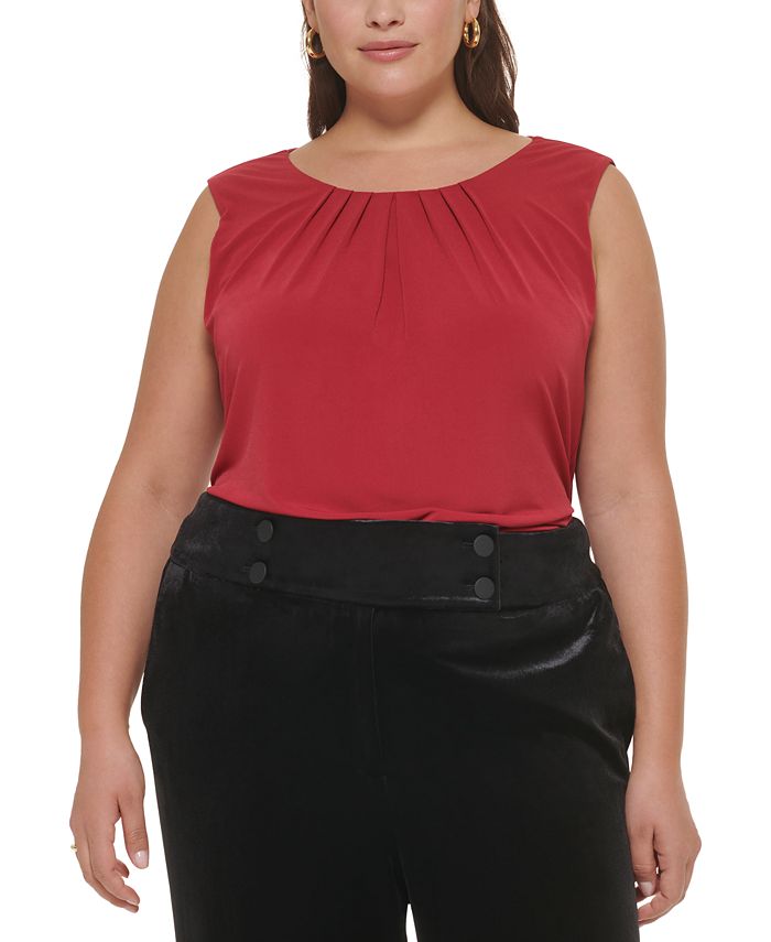 Calvin Klein Plus Size Sleeveless Pleat-Neck Top - Macy's