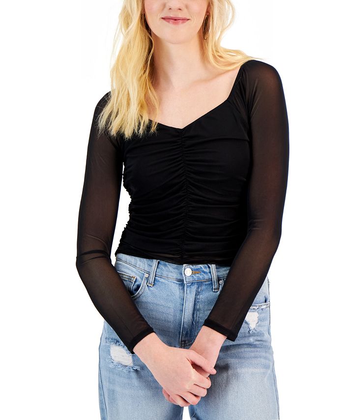 Crave Fame Juniors' Ruched-Front Mesh-Sleeve Top - Macy's
