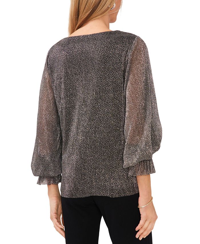 MSK Women's Metallic Crinkle Mesh Smocked-Cuff Top - Macy's