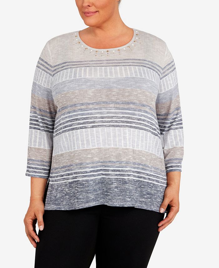 Alfred Dunner Plus Size Stonehenge Crew Neck 3/4 Sleeve Stripe Print ...