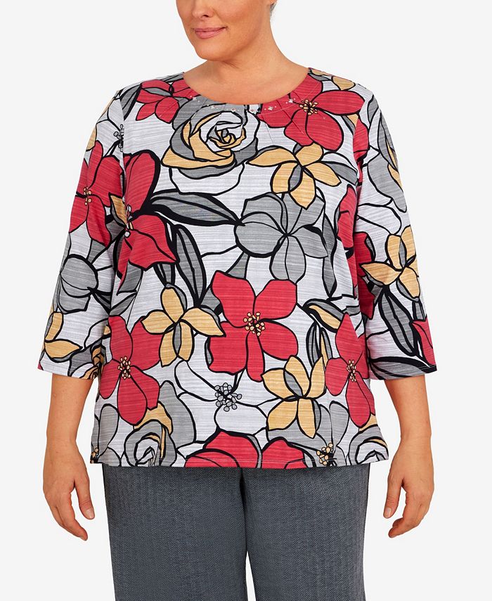 Alfred Dunner Plus Size Empire State Crew Neck 3/4 Sleeve Floral Print ...