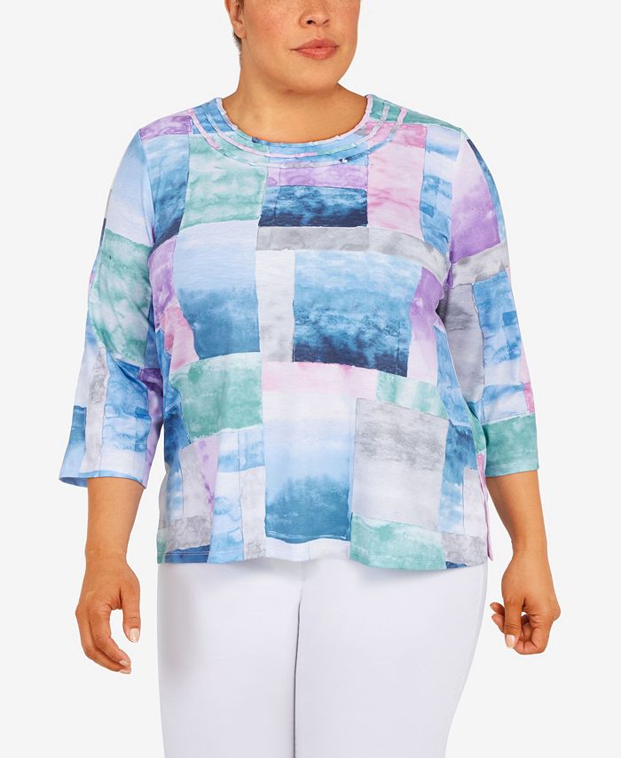 Alfred Dunner Plus Size Floral Park Crew Neck 3/4 Sleeve Watercolor ...