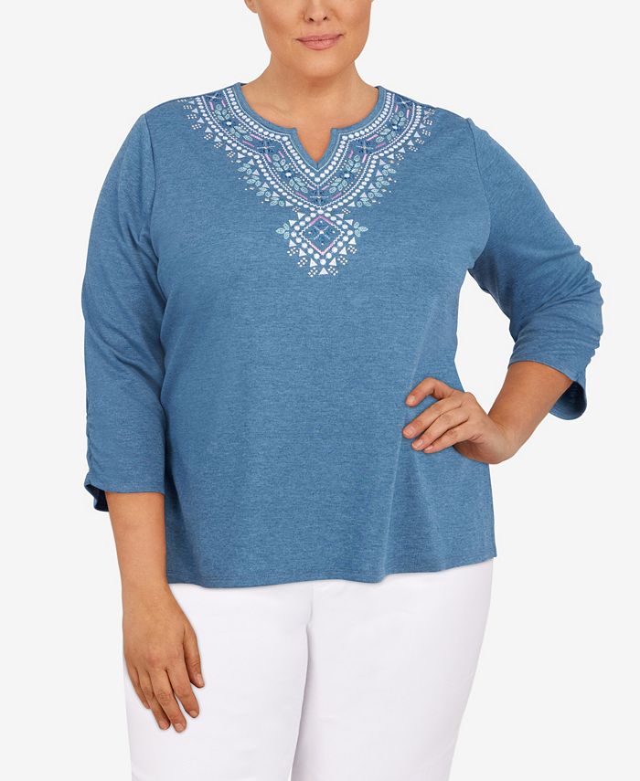 Alfred Dunner Plus Size Floral Park Split Neck 3/4 Sleeve Heather Knit ...