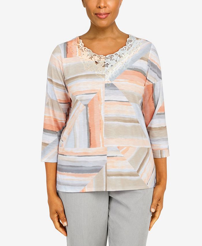 Alfred Dunner Women's Stonehenge Lace Scoopneck 3/4 Sleeves Stripe ...