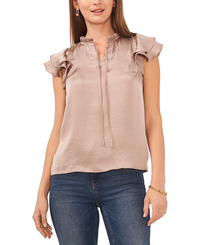 Sam & Jess Petite Flutter-Sleeve Tie-Neck Pullover Top - Macy's
