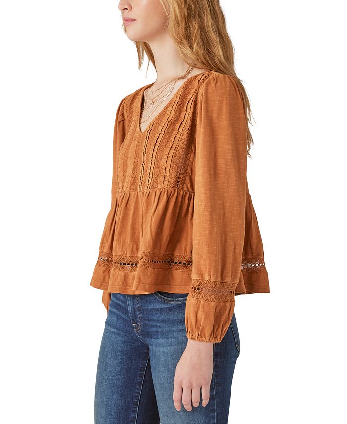 Lucky Brand Bohemian Pintuck Lace Long Sleeve Top - Macy's