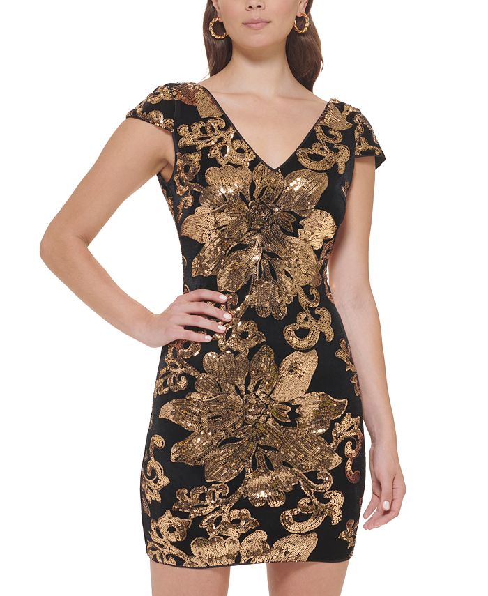GUESS Women's Floral-Sequin Velvet Sheath Dress - Macy's