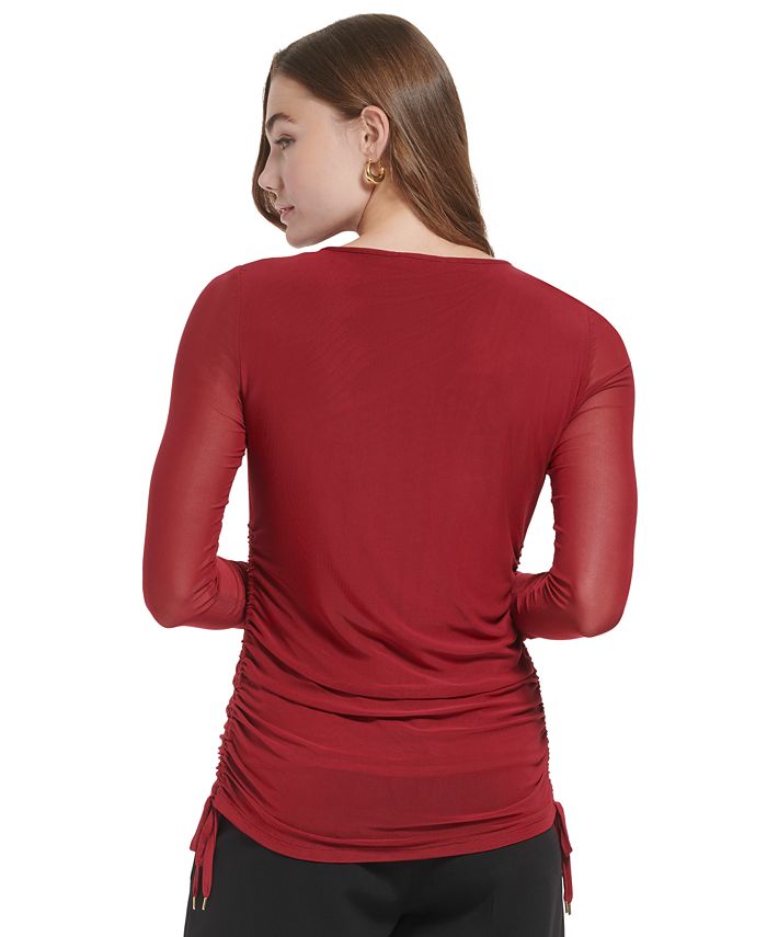 Calvin Klein Women's Long Sleeve Side Ruched Mesh Top & Reviews - Tops ...