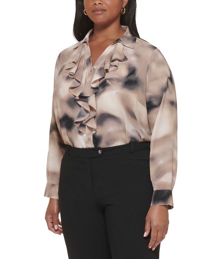 Calvin Klein Plus Size Printed Ruffled Button-Front Top - Macy's