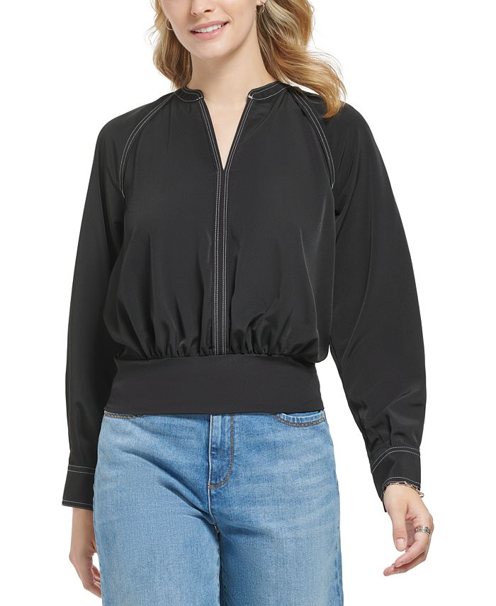 Karl Lagerfeld Paris Women's Ruched-Back Split-Neck Blouse - Macy's