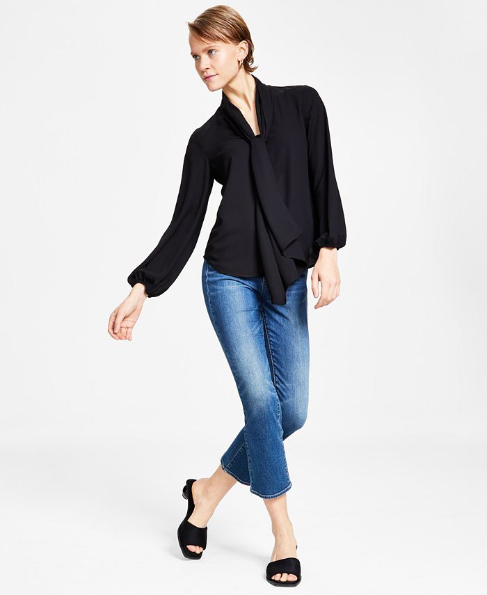 Bar III Women's Tie Neck Cinched Sleeve Blouse, Created for Macy's - Macy's