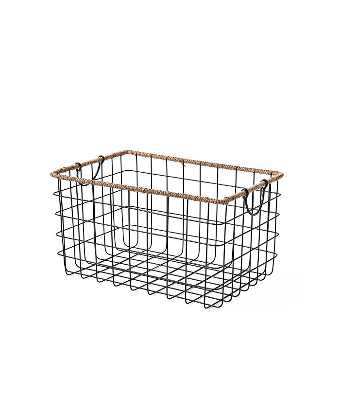 Baum Rectangular Grid Black Wire Baskets with Jute Rim and Fold Down ...