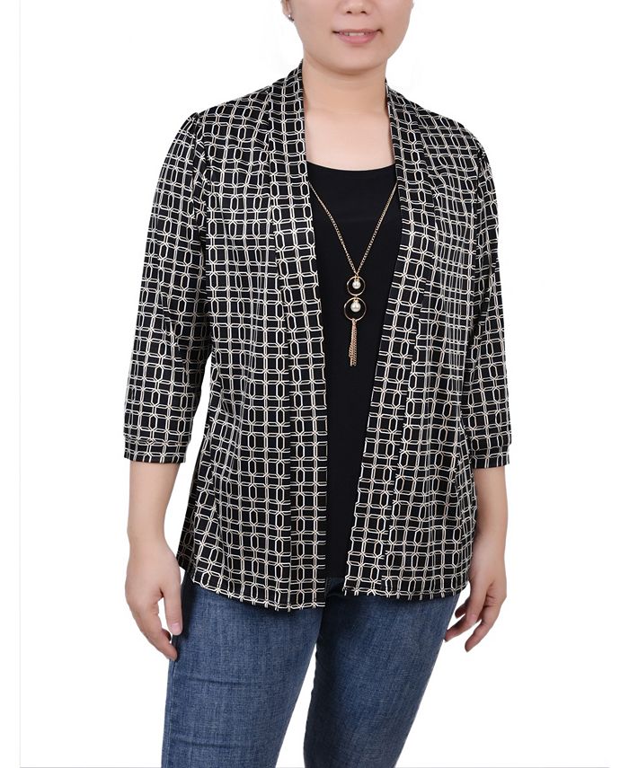 NY Collection Petite 3/4 Sleeve Two-Fer Top - Macy's