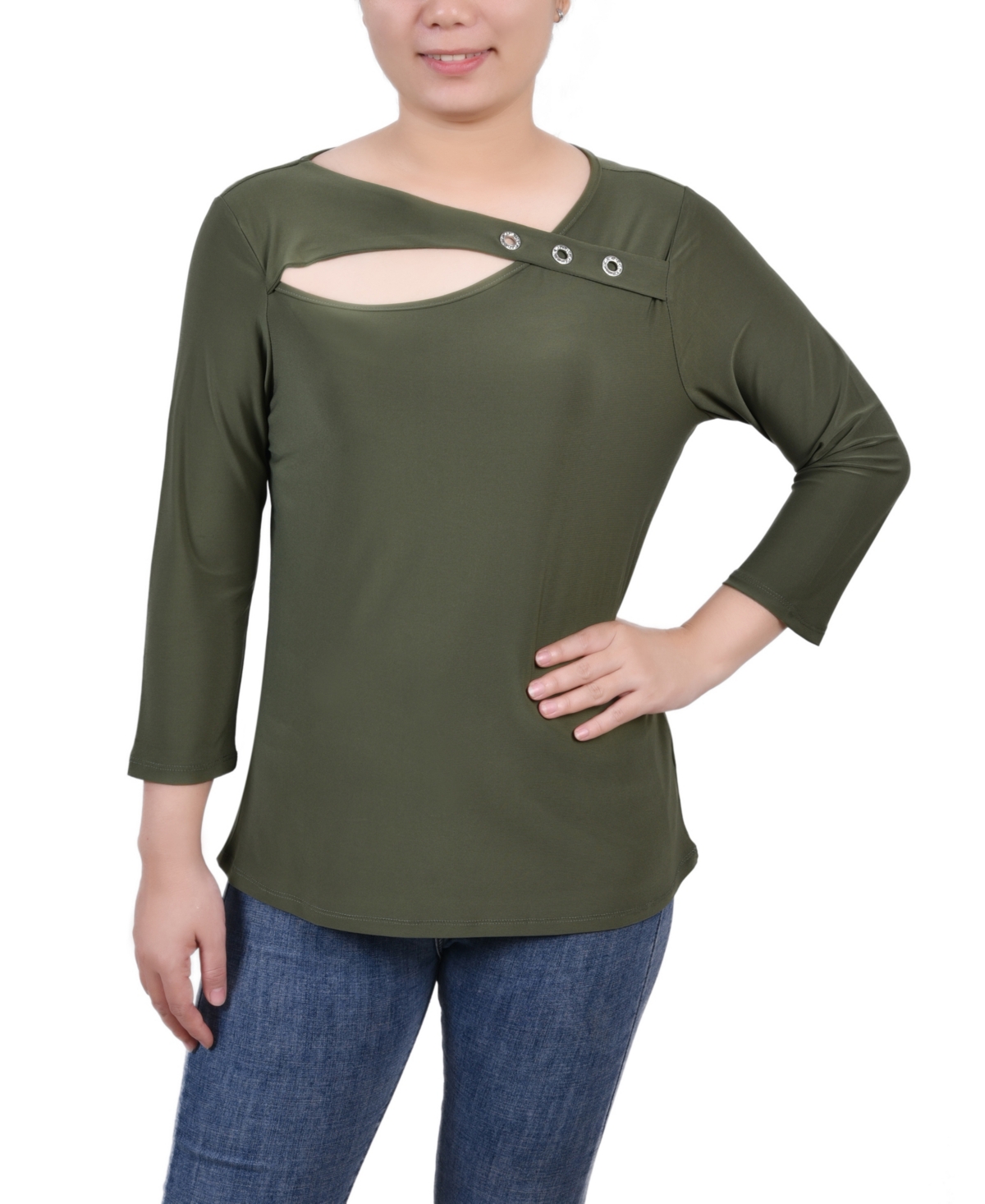 Click here for Ny Collection Petite 3/4 Sleeve Cutout Top - Oil G... prices