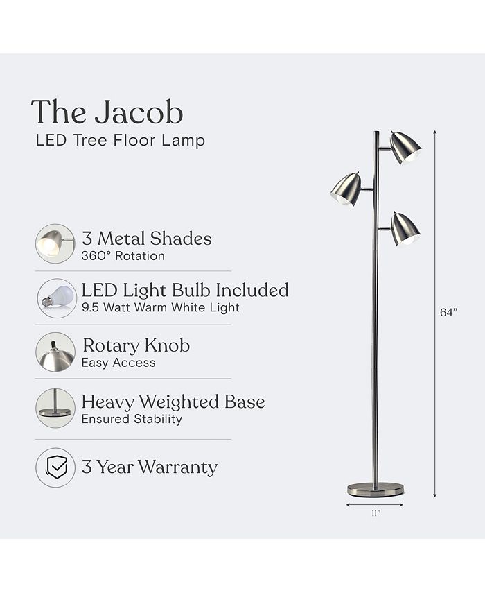 Brightech Jacob LED Tree Floor Lamp with 3 Rotating Adjustable Head ...