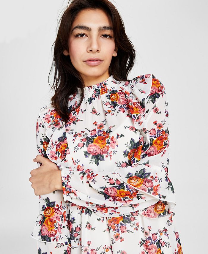 Kit & Sky Juniors' Ruffled Floral-Print High-Neck Dress - Macy's