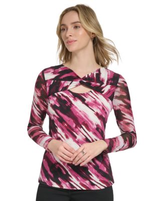Calvin Klein Women's Long Sheer Sleeve Keyhole Front Top - Macy's