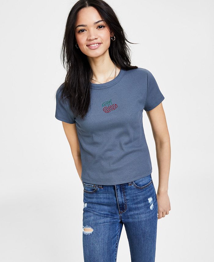 Rebellious One Juniors' Ribbed Rhinestone-Embellished Cherry T-Shirt ...