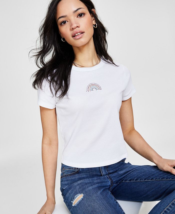 Rebellious One Juniors' Ribbed Rhinestone-Embellished Rainbow T-Shirt ...