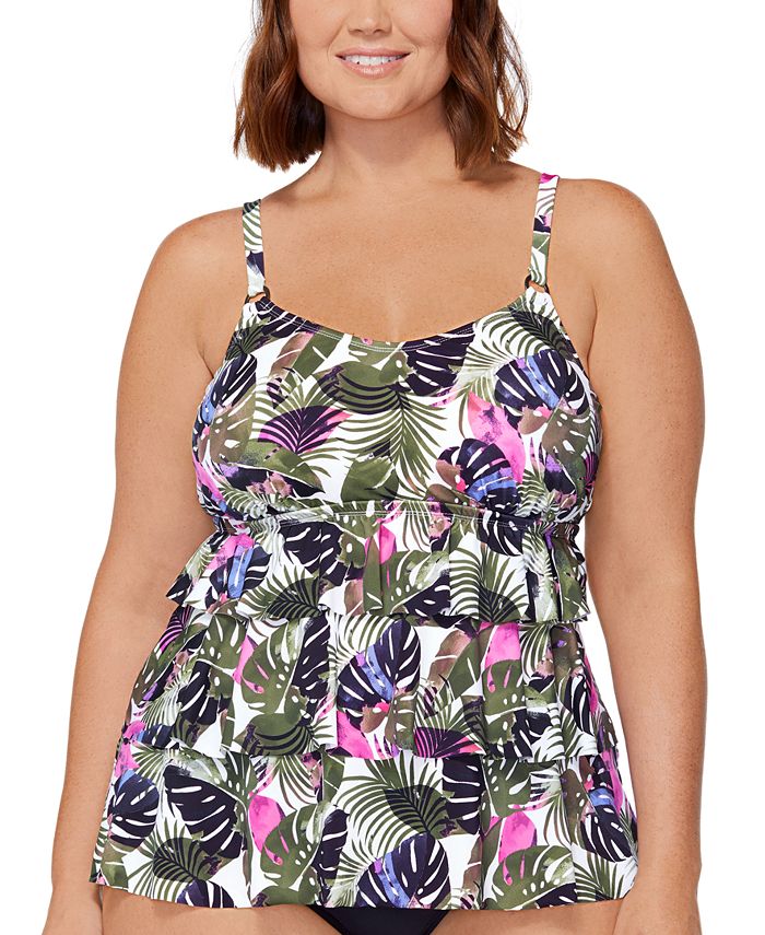 Island Escape Plus Size Printed Triple Tiered Underwire Tankini Swim