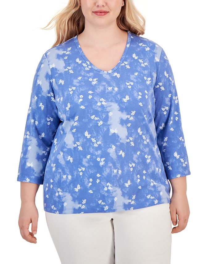 Karen Scott Plus Size Ditsy-Print 3/4-Sleeve Top, Created for Macy's ...