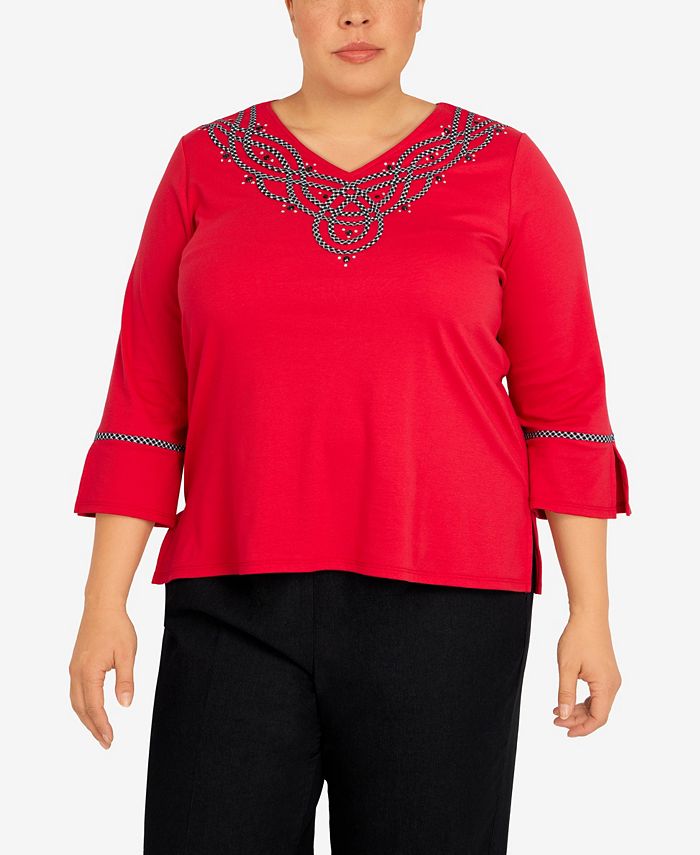 Alfred Dunner Plus Size Checking In Embroidered V-neck 3/4 Sleeve Top ...