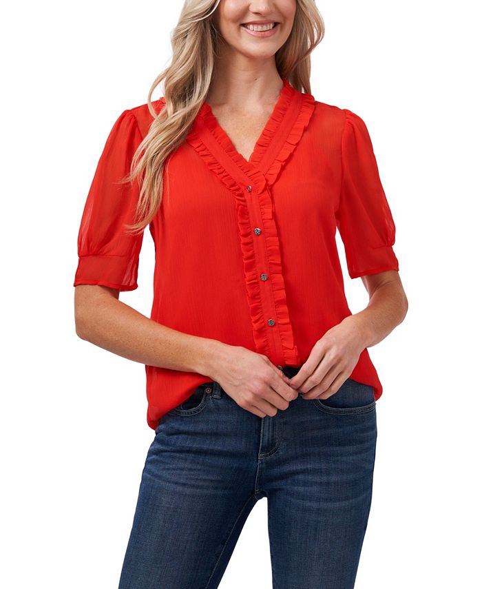 CeCe Women's Puffed-Sleeve Ruffled Button-Down Blouse - Macy's