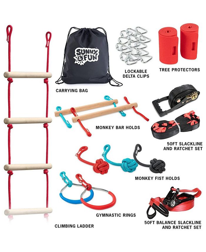Sunny & Fun 50ft Kids Ninja Warrior Obstacle Course w/Double Slackline ...