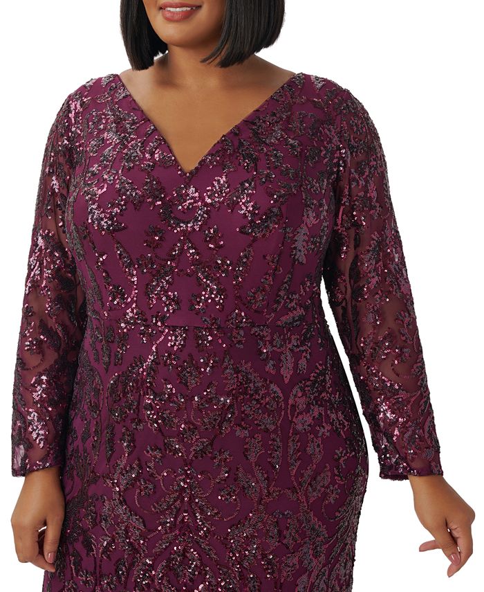 Adrianna Papell Plus Size Sequined Long-Sleeve V-Neck Gown - Macy's