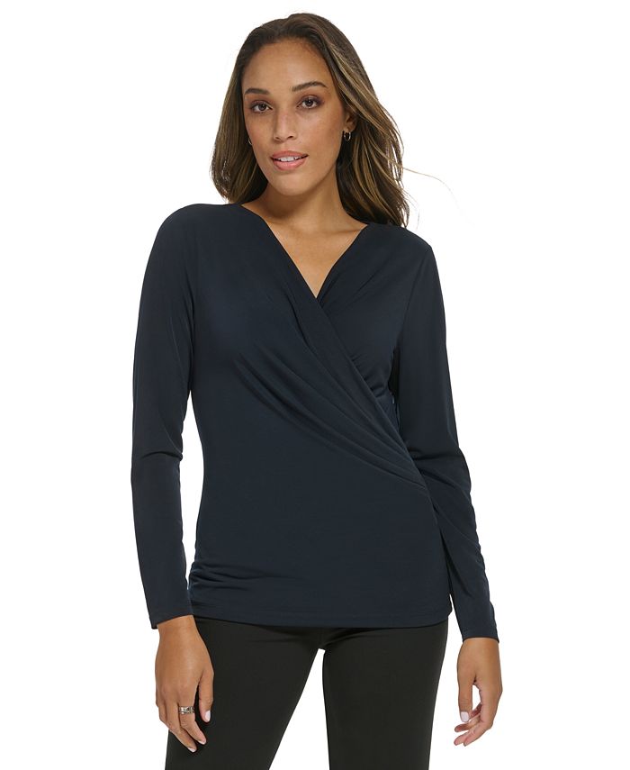 Calvin Klein Women's Long-Sleeve Wrap-Front Top - Macy's