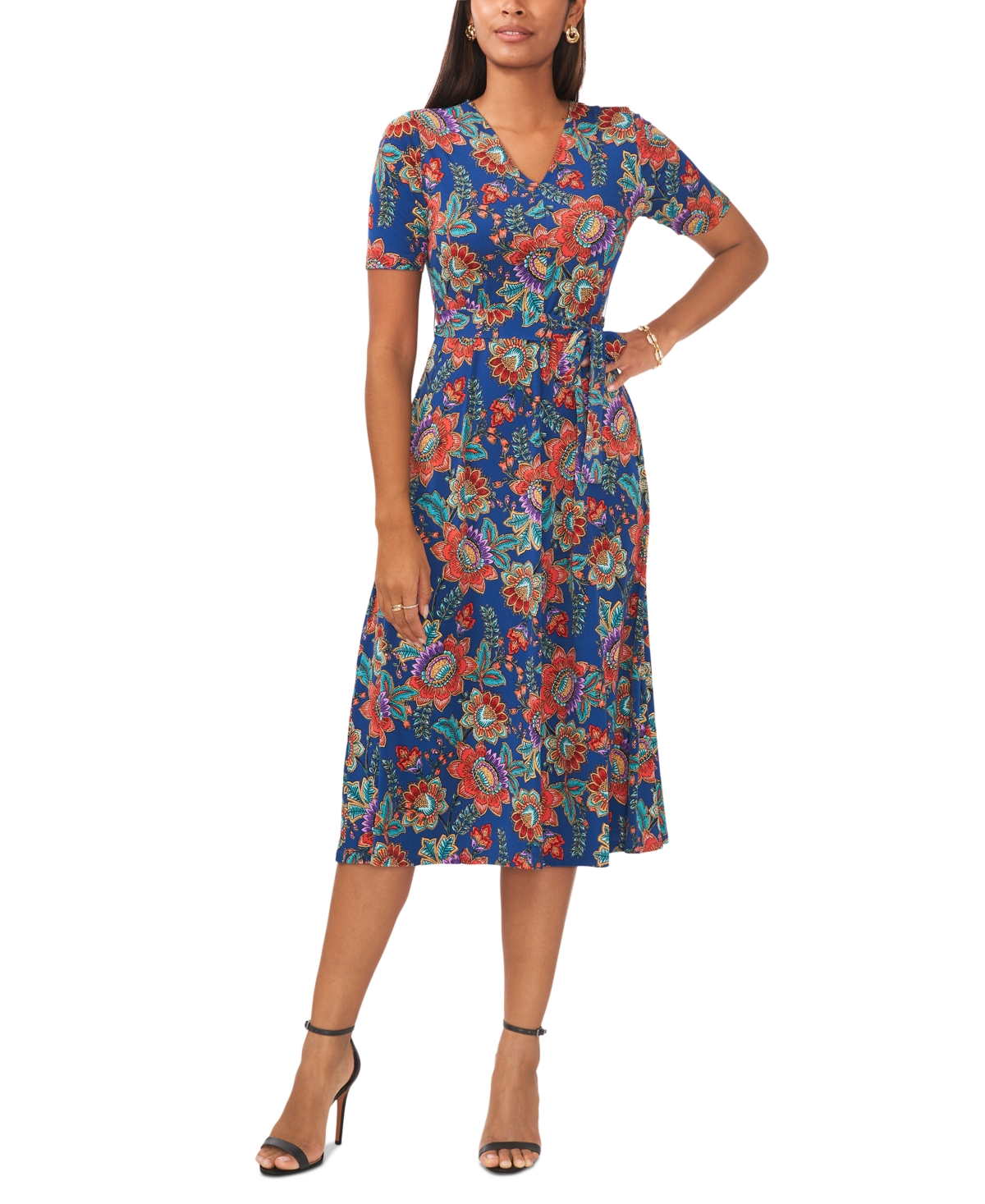 Msk Petite Floral-print Belted Short-sleeve Midi Dress In Teal/red ...