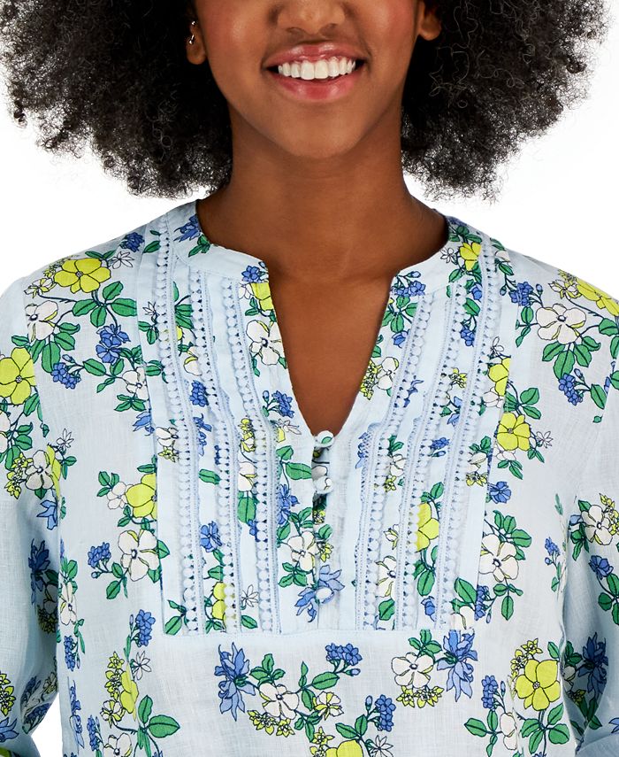 Charter Club Women's Linen Printed Split-Neck Tunic, Created for Macy's ...