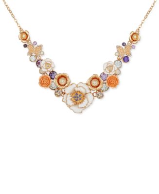 GUESS Gold-Tone Mixed Color Stone Flower Statement Necklace, 16" + 2 ...