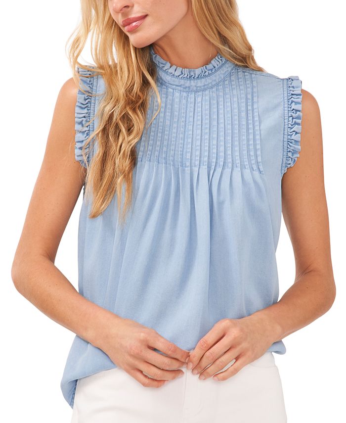 CeCe Women's Ruffled-Neck Sleeveless Pintucked Top - Macy's