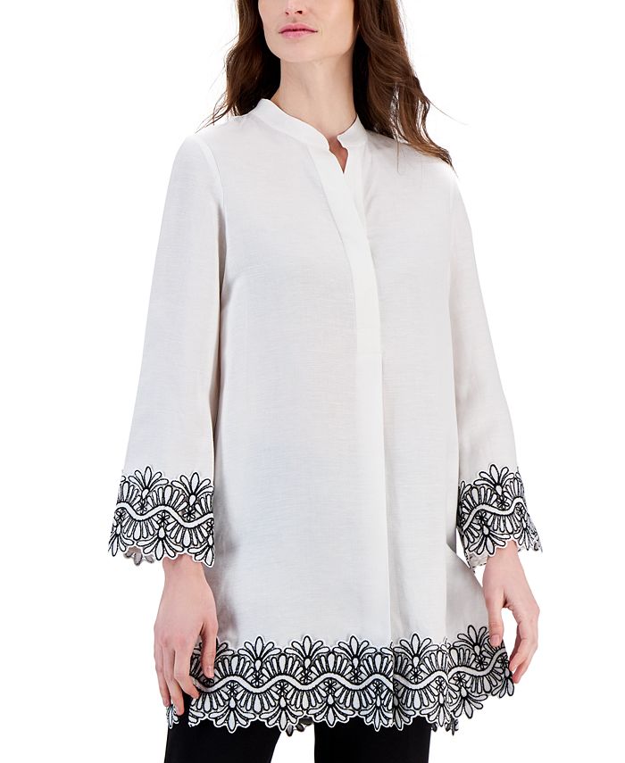 Anne Klein Women's Linen Embroidery-Trim Popover Tunic - Macy's