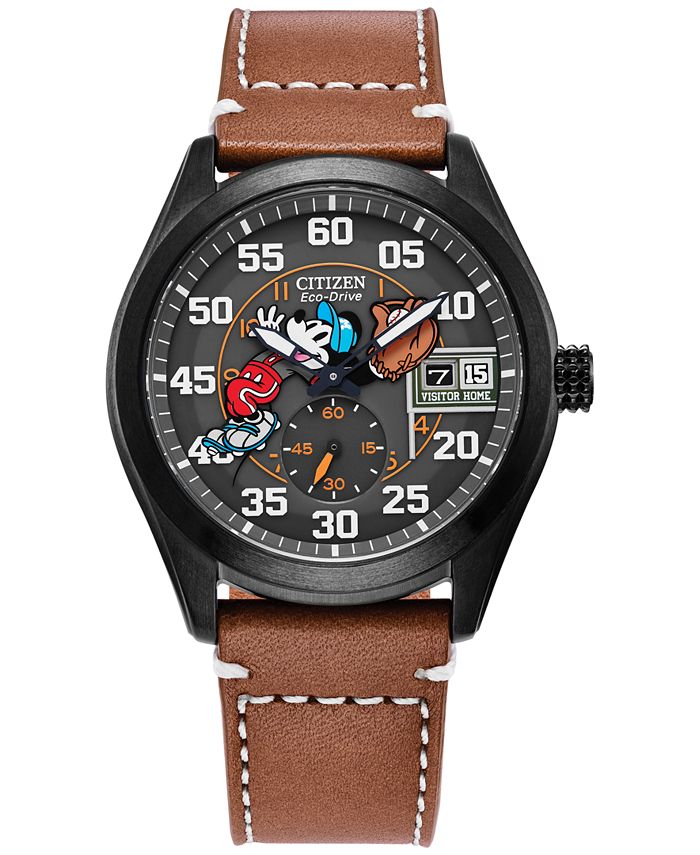Citizen Eco-Drive Men's Disney Mickey Mouse Brown Leather Strap Watch ...