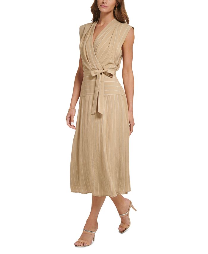 Dkny Womens Striped Surplice V Neck Belted Dress Macys