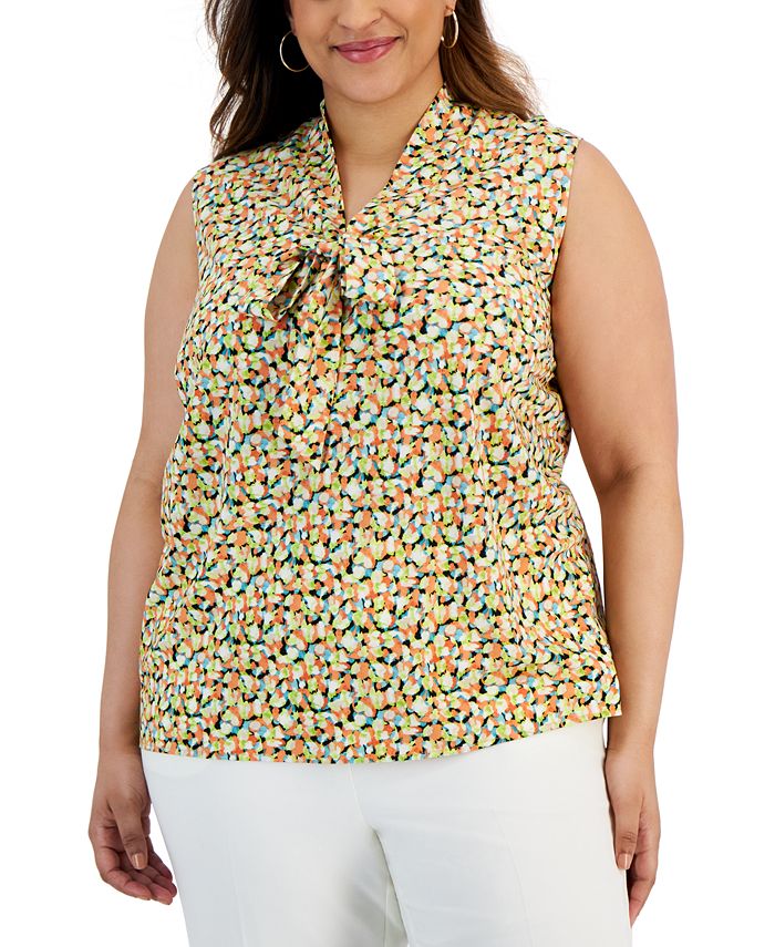 Kasper Plus Size Printed Sleeveless Tie-Front Blouse - Macy's